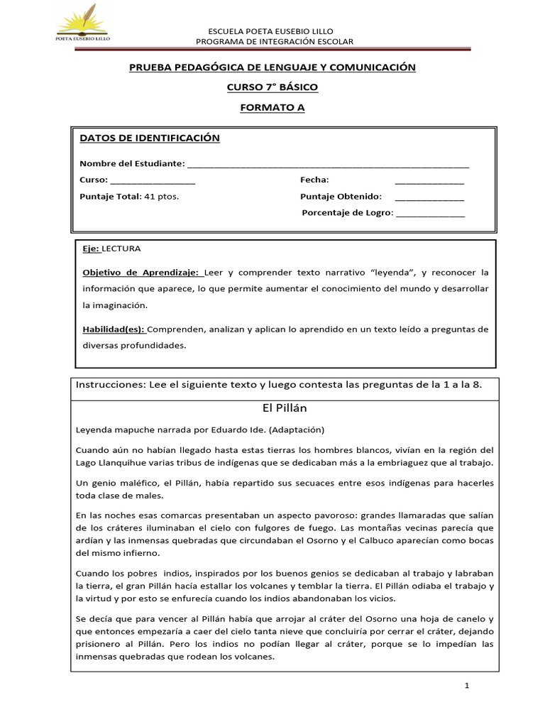 Prueba de Lenguaje: Leyenda del Pillán | PDF | Volcán