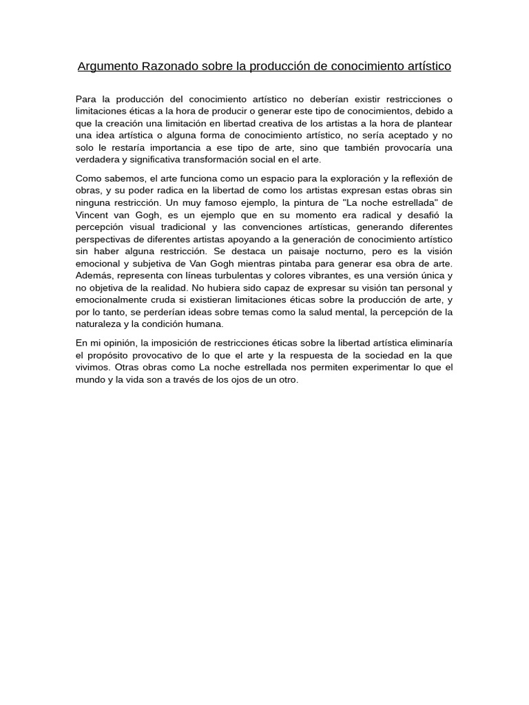 Argumento Razonado Sobre La Producción de Conocimiento Artístico | PDF ...