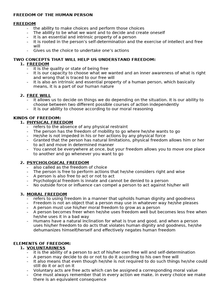 Freedom of The Human Person | PDF | Free Will | Liberal Arts Education