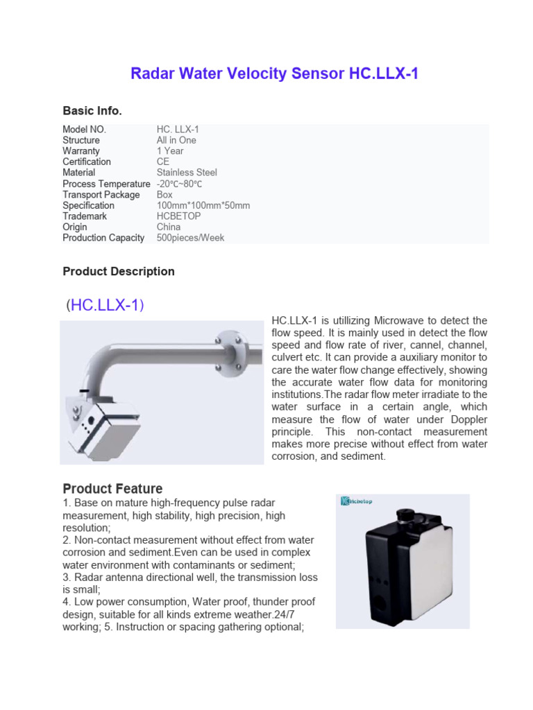 Radar Water Velocity Sensor HC - LLX-1 | PDF | Radar | Flow Measurement