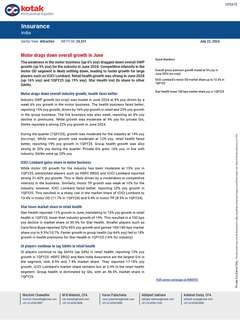 (Kotak) Insurance, July 22, 2024 | PDF | Financial Services | Insurance