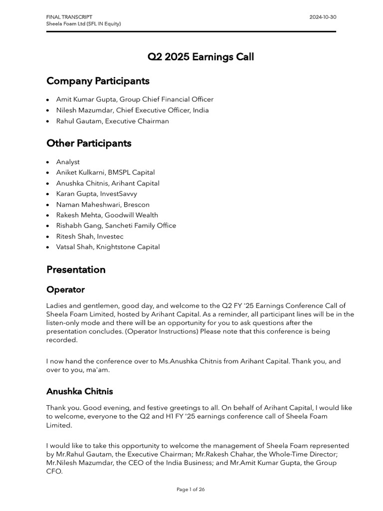 Sheela Foam - Q2FY25 Transcript - October 2024 | PDF | Financial ...