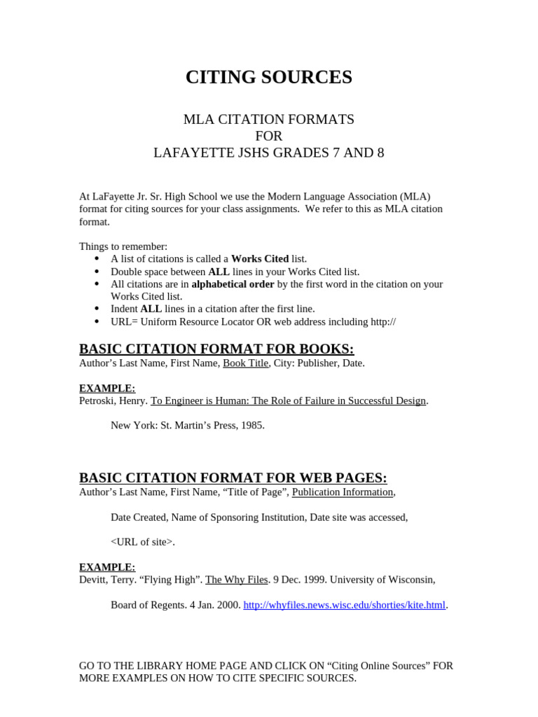 Mla Citation Formats For Lafayette JSHS Grades 7 and 8 | PDF