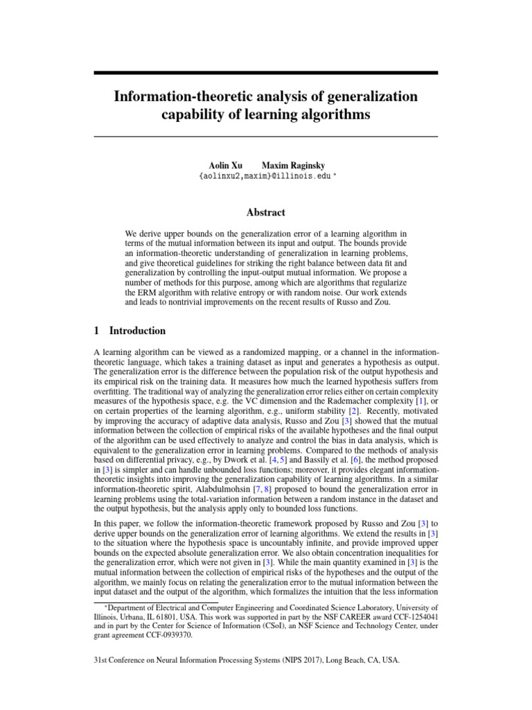 NIPS 2017 Information Theoretic Analysis of Generalization Capability of Learning Algorithms ...