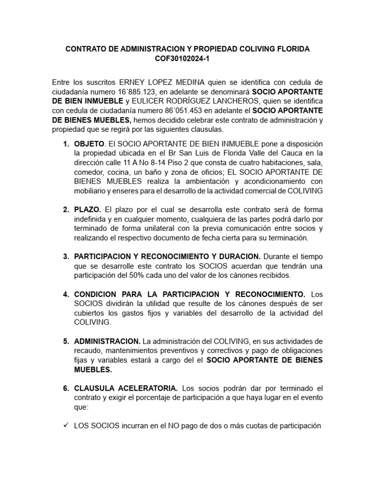 Contrato Coliving en Florida, Valle | PDF