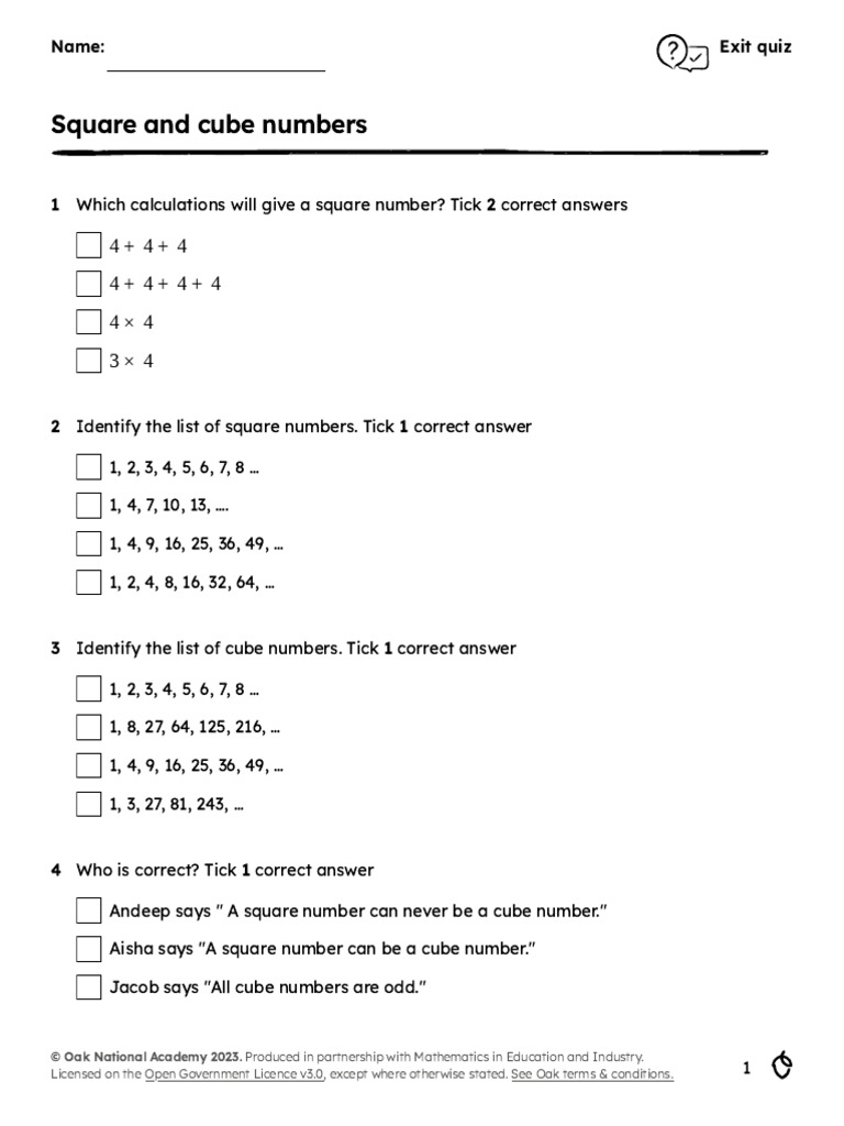 Exit Quiz on Square and Cube Numbers | PDF