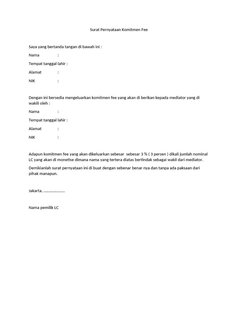 Draft Surat Pernyataan Komitmen Fee | PDF