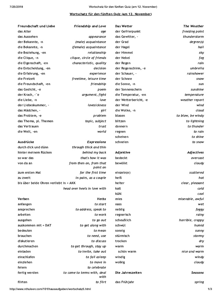 Wortschatz Für Den Fünften Quiz (Am 12 | PDF
