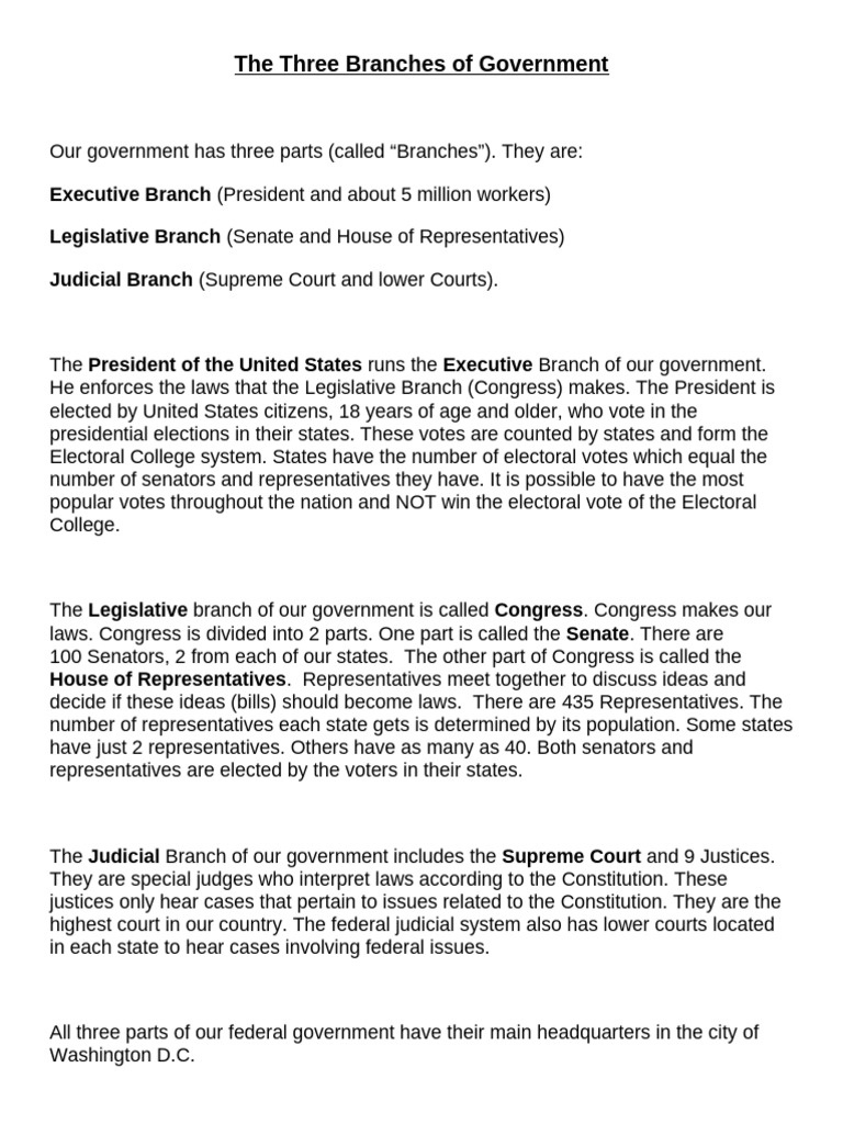 Three Branches of Government Worksheet | PDF | Federal Government Of ...