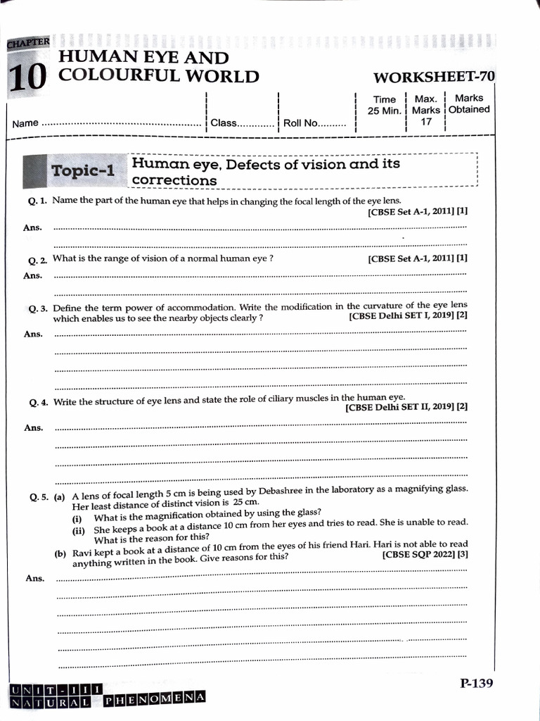 Human Eye Worksheet for Class 10 | PDF | Eye | Light