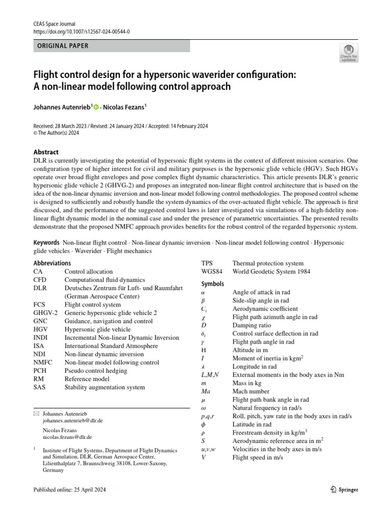 Flight Control Design For A Hypersonic Waverider Confguration | PDF ...