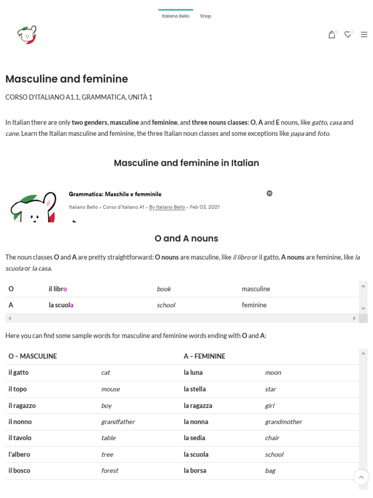 Masculine and Feminine in Italian - Italian Grammar - Italiano Bello ...
