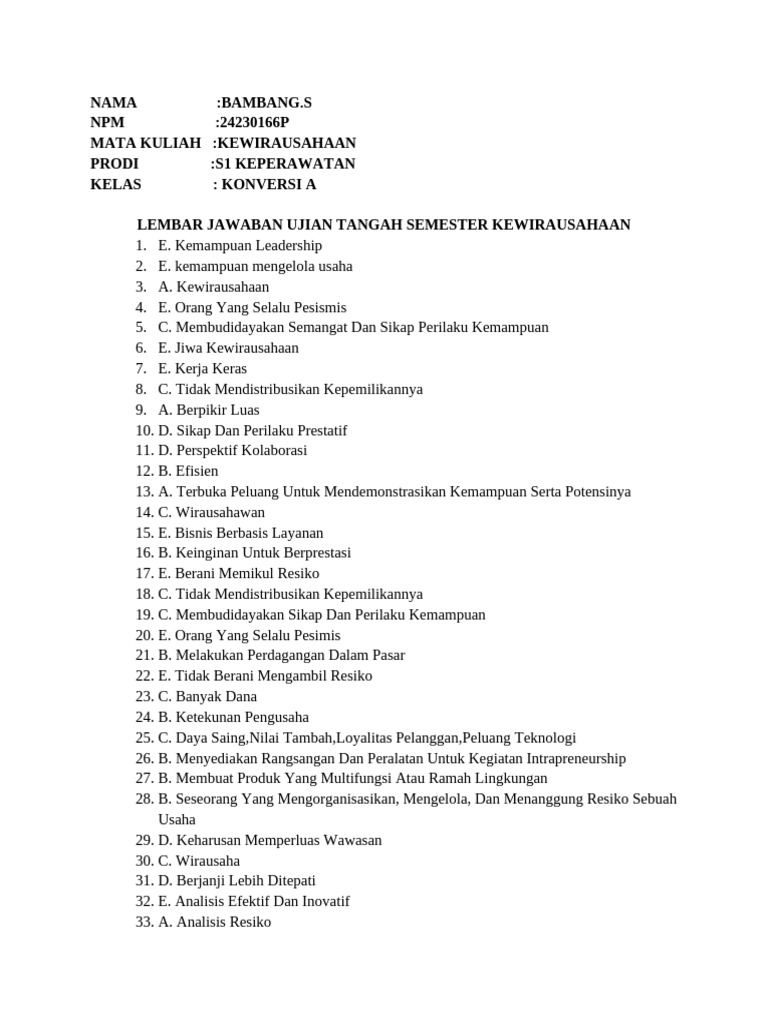 Lembar Jawaban Uts Kwu - Bambang.s 1a | PDF