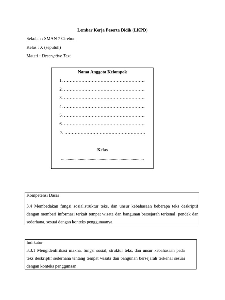 LKPD Descriptive Text for X Grade | PDF
