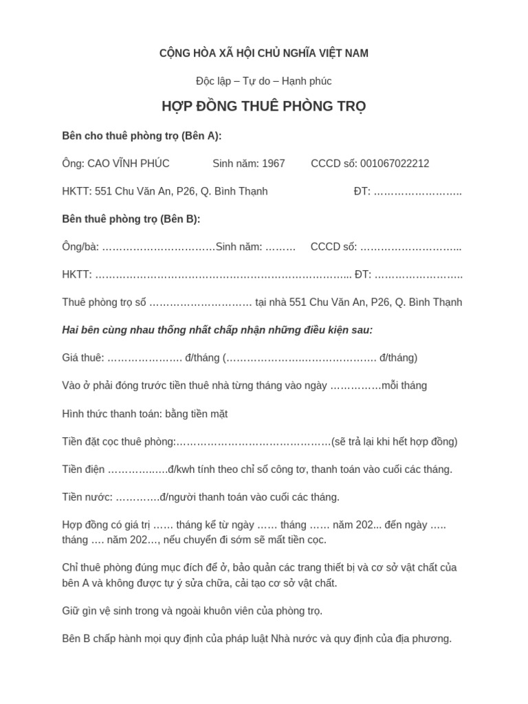 Mau Hop Dong Cho Thue Nha Tro | PDF