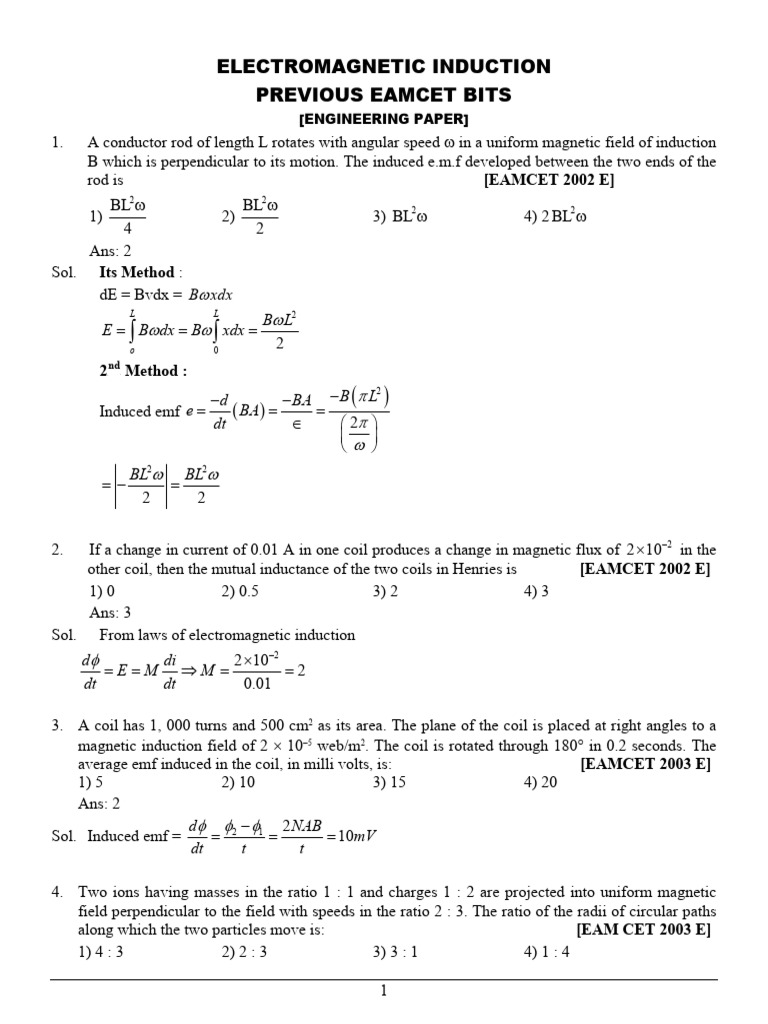 Electromagnetic Induction EAMCET Questions | PDF | Electromagnetic ...