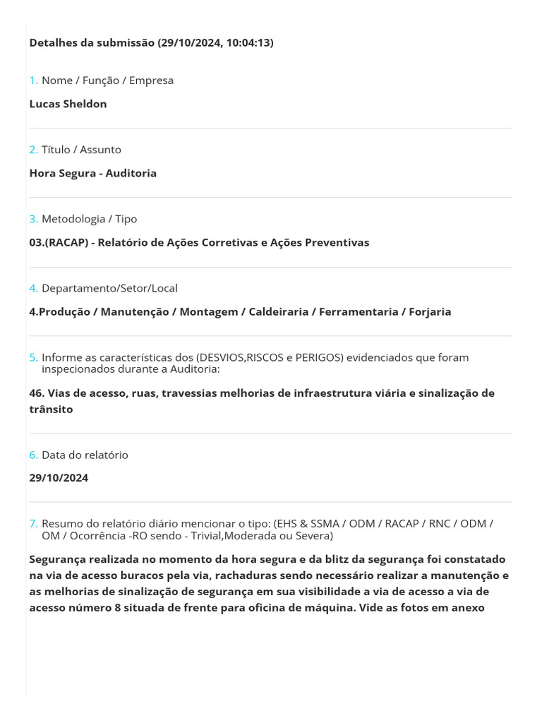 (HAZARD - SGI) Formulário de Relatório Diário - Forms - App | PDF ...