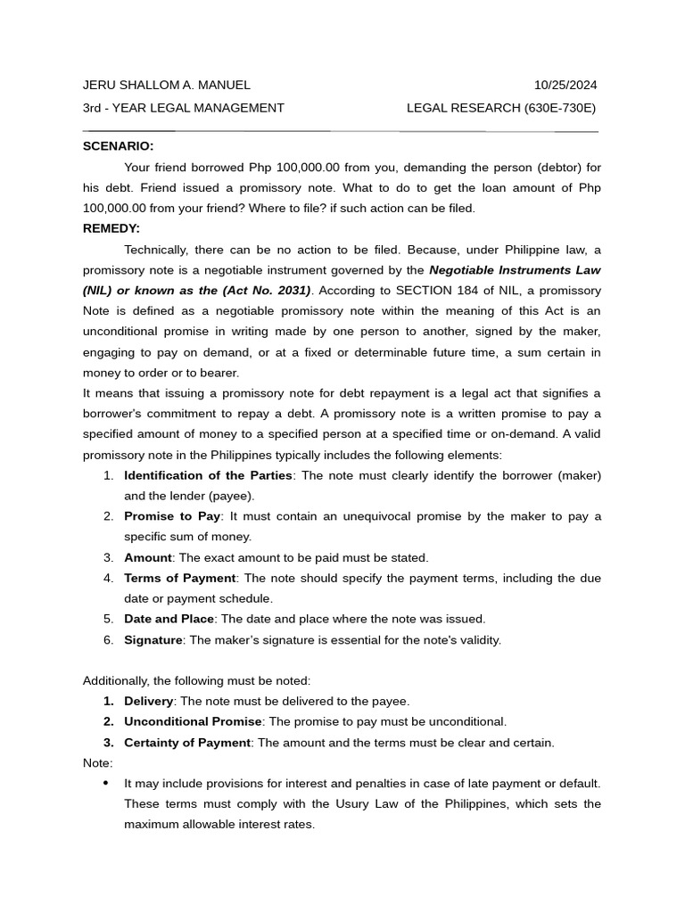 MANUEL_Oct. 25 | PDF | Promissory Note | Negotiable Instrument