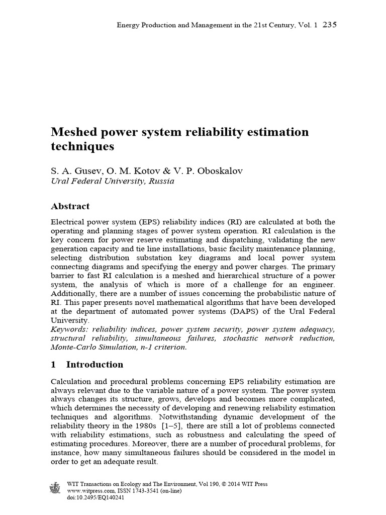 Meshed Power System Reliability Estimation Techniques: S. A. Gusev, O ...