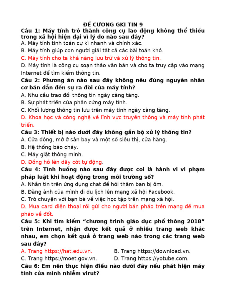 ĐỀ CƯƠNG GKI TIN 9 | PDF