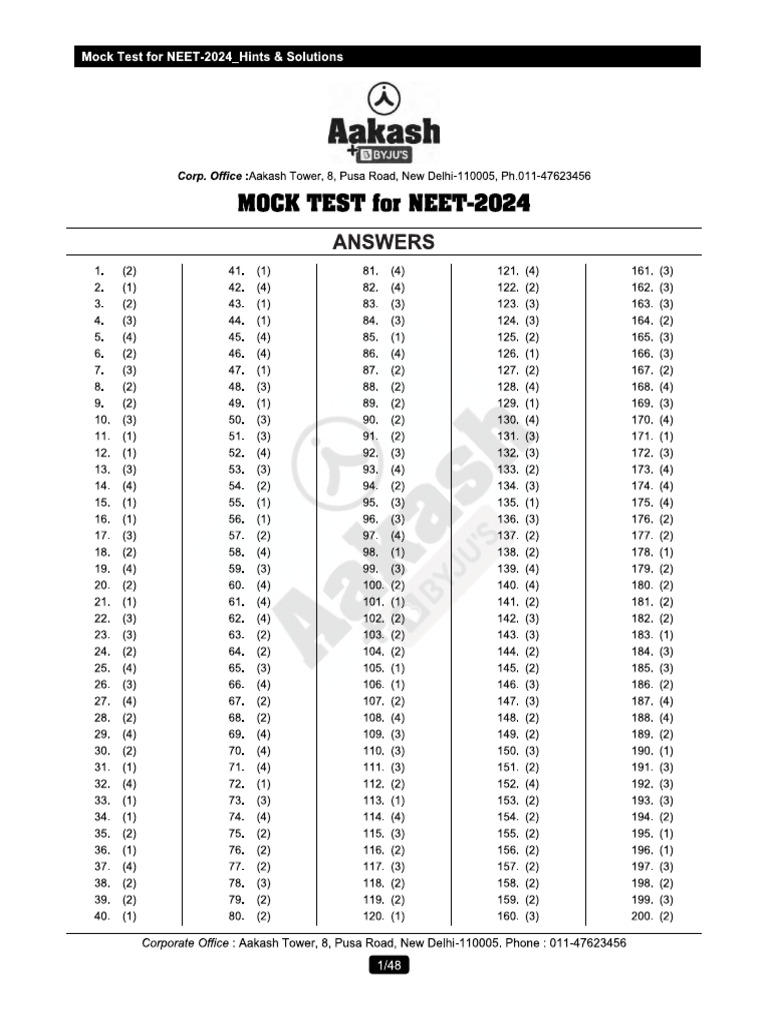 NEET Mock Test Paper Solution For 2024 | PDF