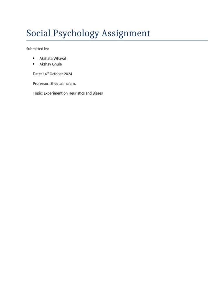 Social Psychology Assignment | PDF | Heuristic | Representativeness ...