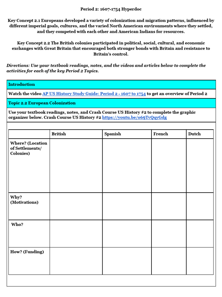 Hyperdoc Period 2 - 1607-1754 | PDF | Slavery | Unfree Labour