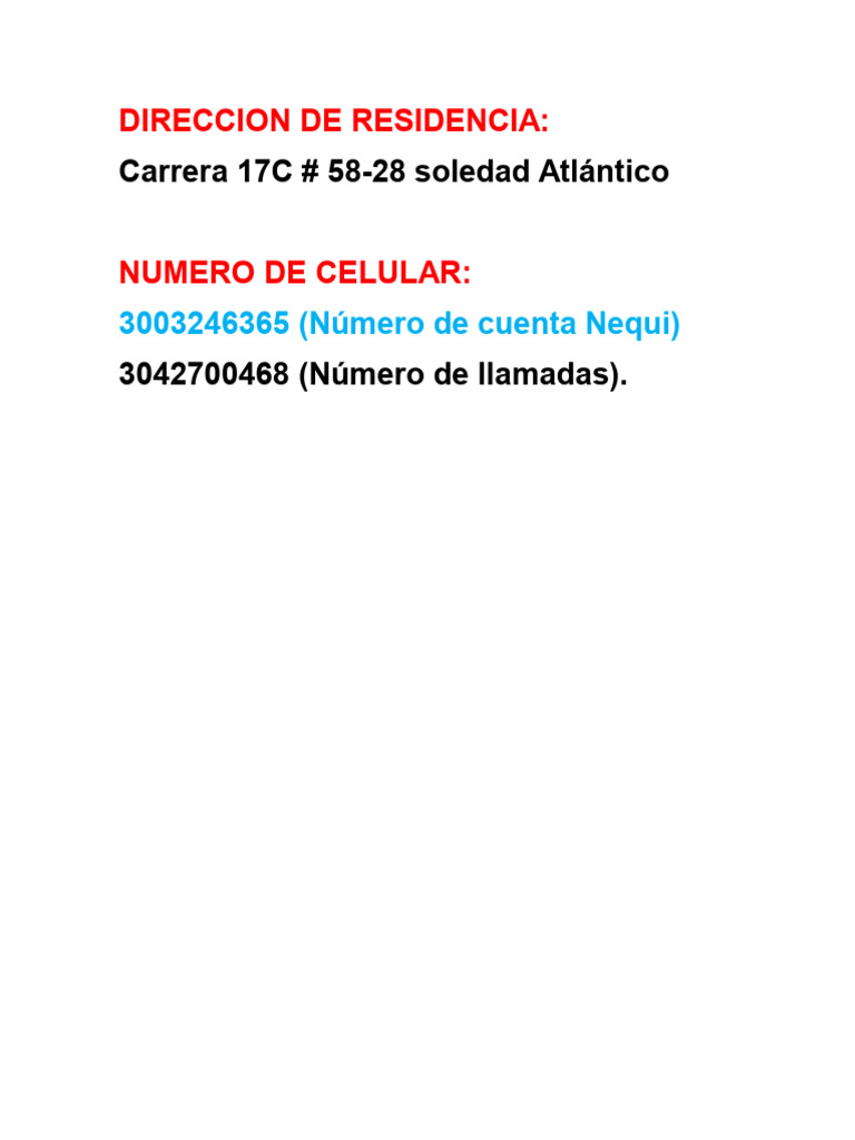 Direccion de Residencia y Numero de Celular | PDF