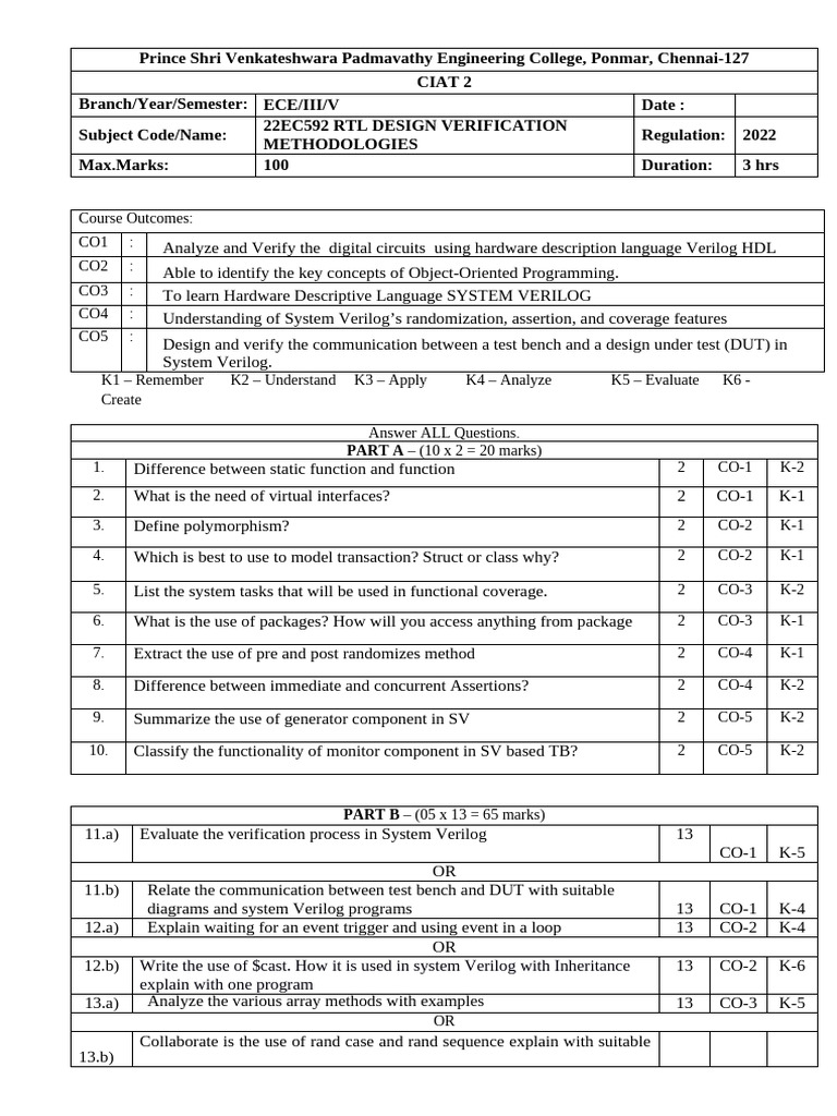 22ec592 RTL Design Verification Methodologies Qus | PDF | Hardware Description Language ...