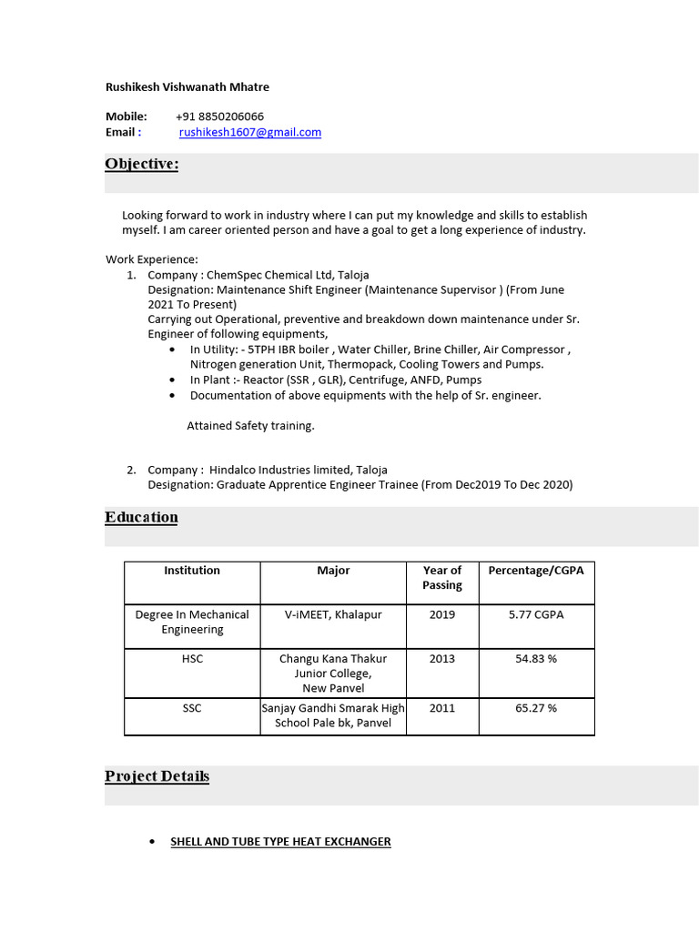 Rushikesh Vishwanath Mhatre Mobile: Email | PDF | Heat Exchanger ...