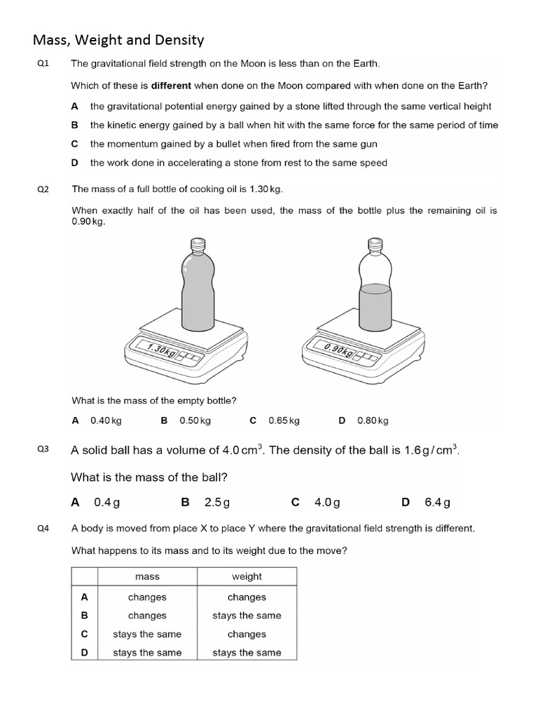 Mass, Weight and Density Past Paper | PDF