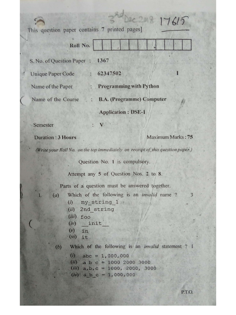 Practice Paper 6 - Programming Fundamentals Using Python PYQ Paper For Sem 1 Uploaded by Navdeep ...