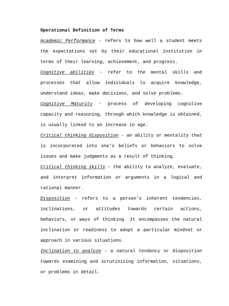 Operational Definition of Terms Sample | PDF | Thought | Critical Thinking