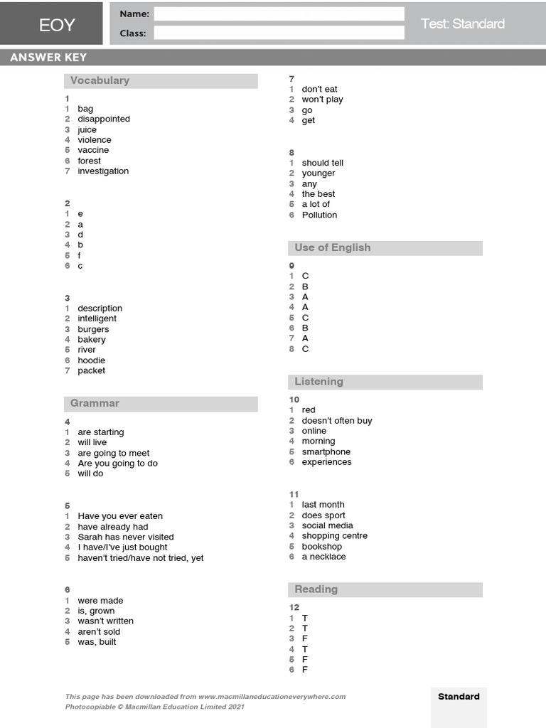 EOY Test: Vocabulary and Grammar Guide | PDF