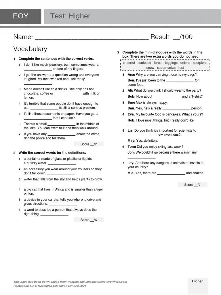 Level2 EOY Higher Test | PDF