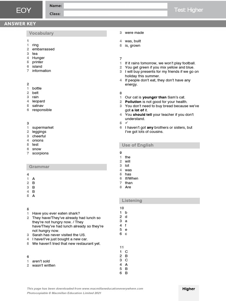 Level2 EOY Higher Test AK | PDF
