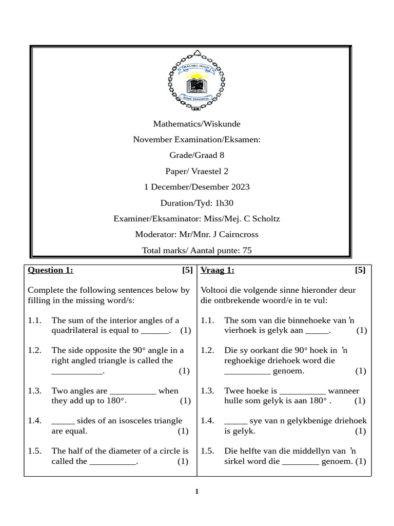 Mathematics Grade 8 P2 2023 | PDF | Area | Rectangle