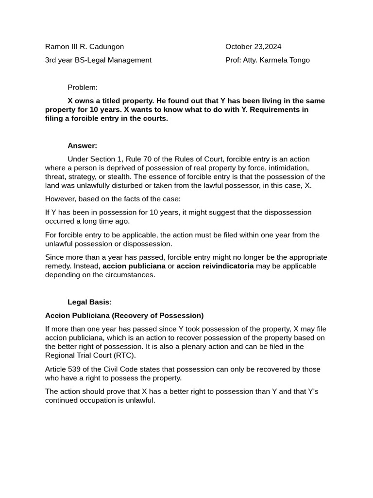 Cadungon Forcible-Entry | PDF | Property | Adverse Possession