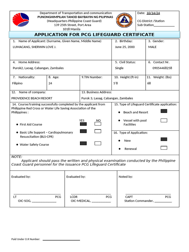 PCG Lifeguard Certificate Application | PDF | Philippines