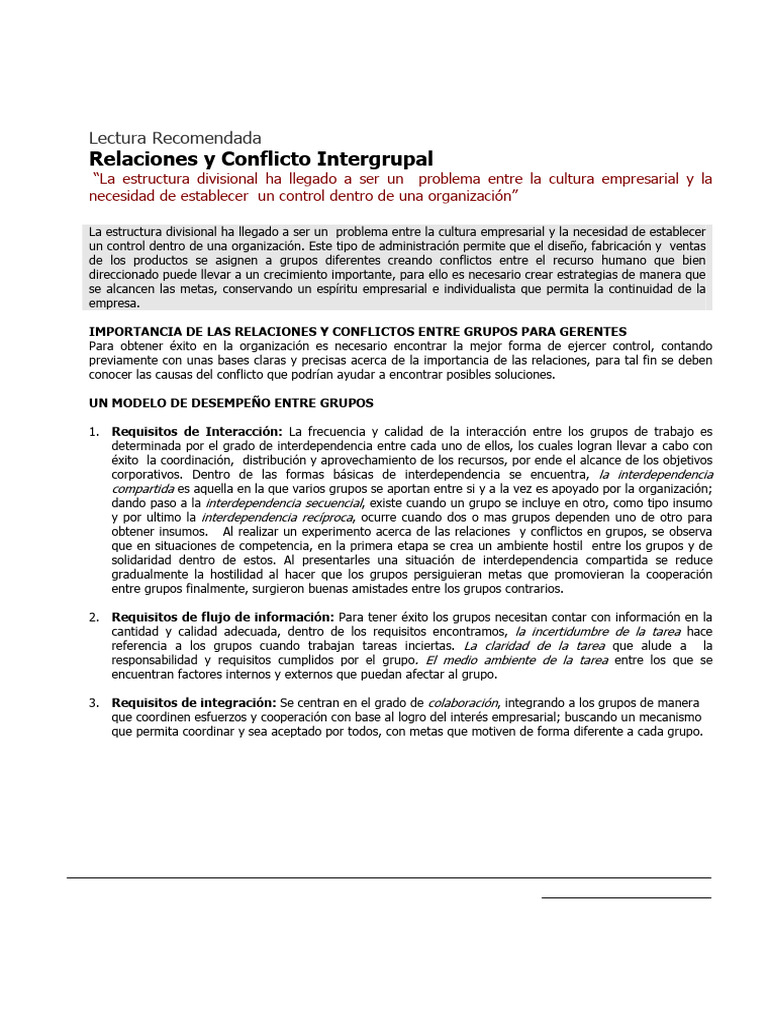 Relaciones y Conflicto Intergrupal | PDF | Gestión de recursos humanos