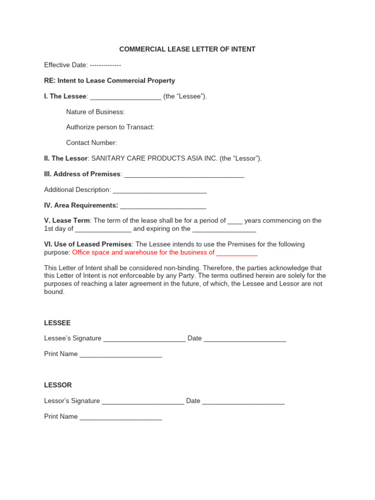Commercial Lease Letter of Intent | PDF