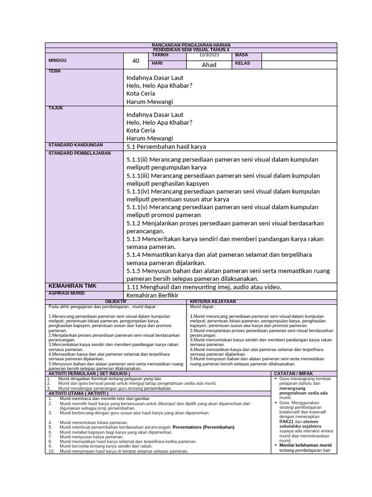 RPH Minggu 40 PSV THN 4 2023 by Cikgu Gorgeous | PDF
