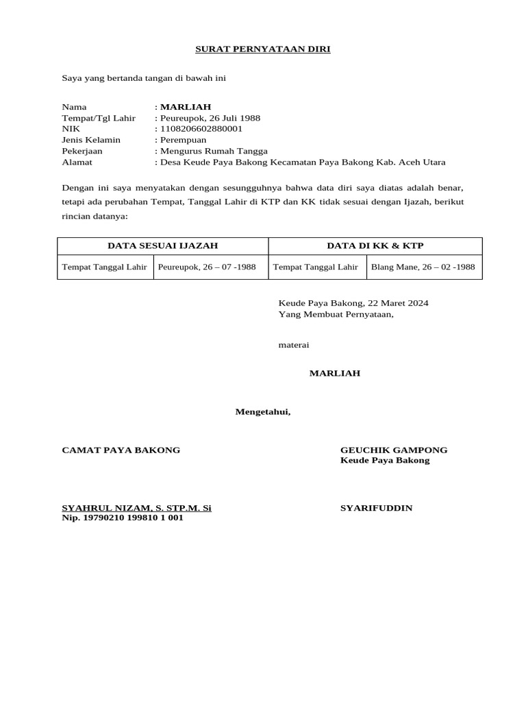 Surat Pernyataan Buk Lia | PDF