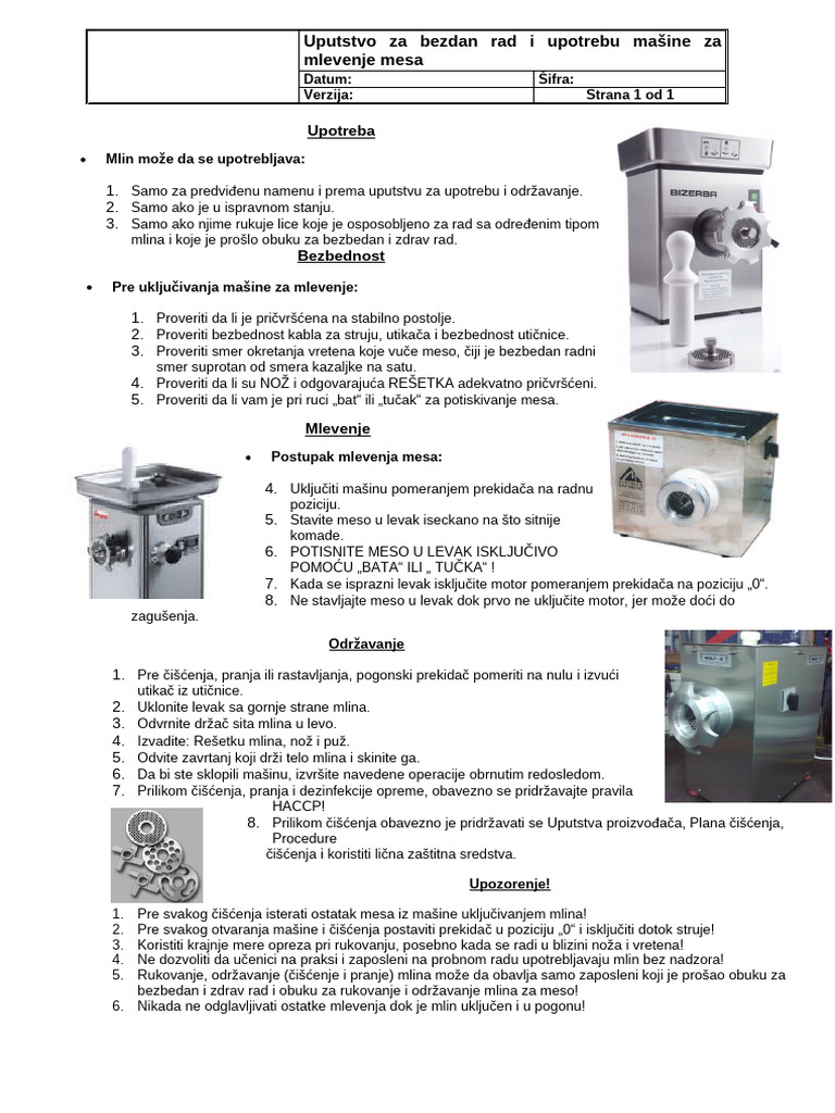 Uputstvo Za Bezbedan Rad I Upotrebu Mašine Za Mlevenje Mesa | PDF