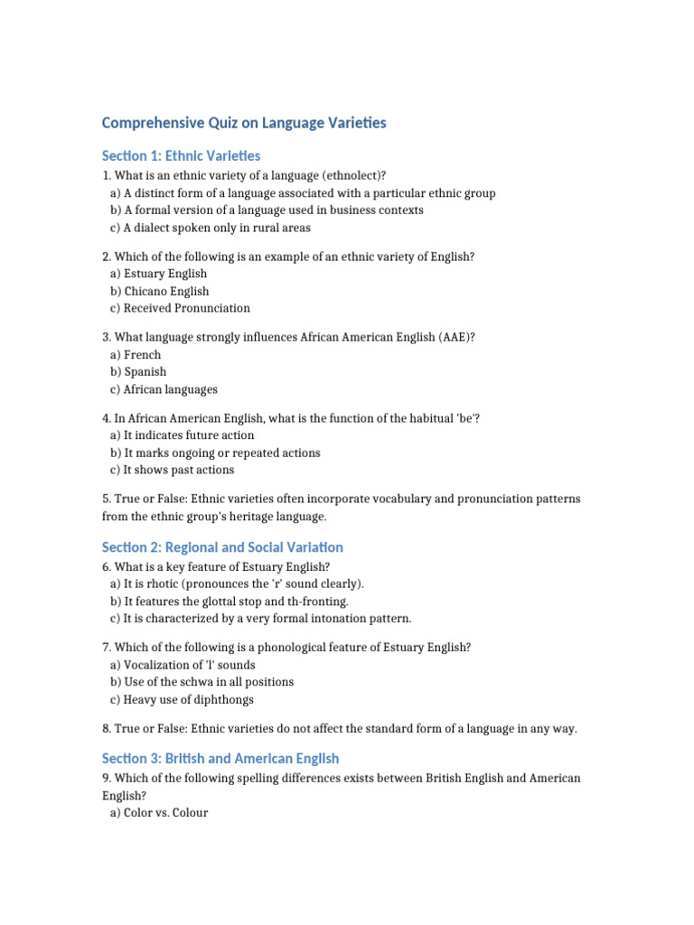 Language Varieties Quiz No Answers | PDF | English Language | Linguistics
