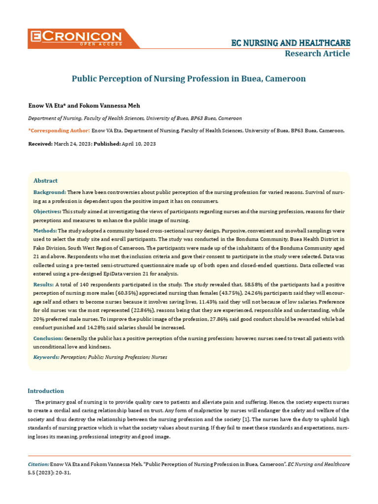 Public Perception of Nursing in Buea | PDF | Nursing | Quantitative ...