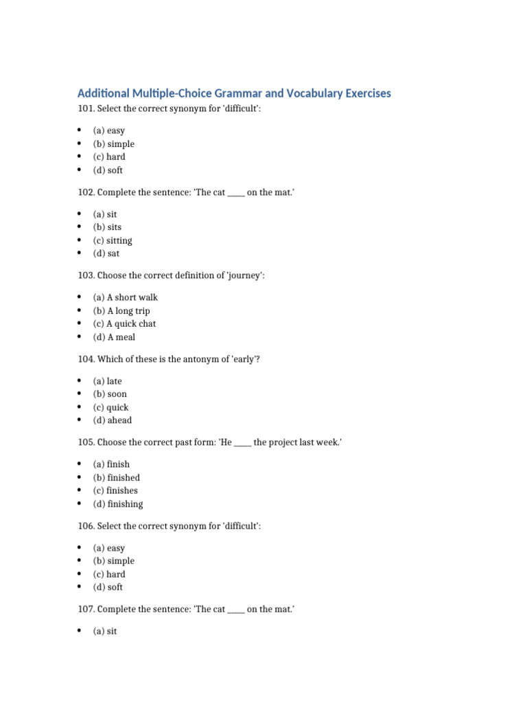Additional Multiple Choice Exercises | PDF | Linguistics | Grammar