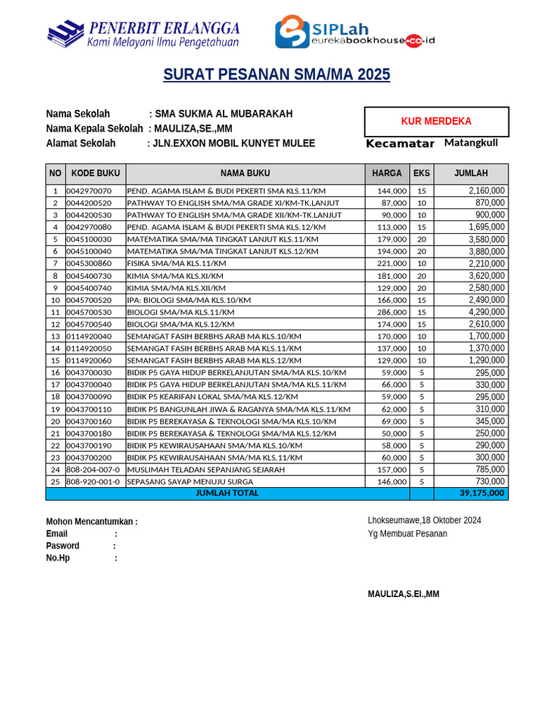 Rekap Pesanan Sma Sukma Al Mubarak 2025 | PDF