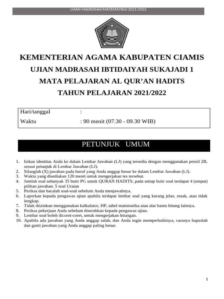 Ujian Al Qur'an Hadits MI Sukajadi 2022 | PDF