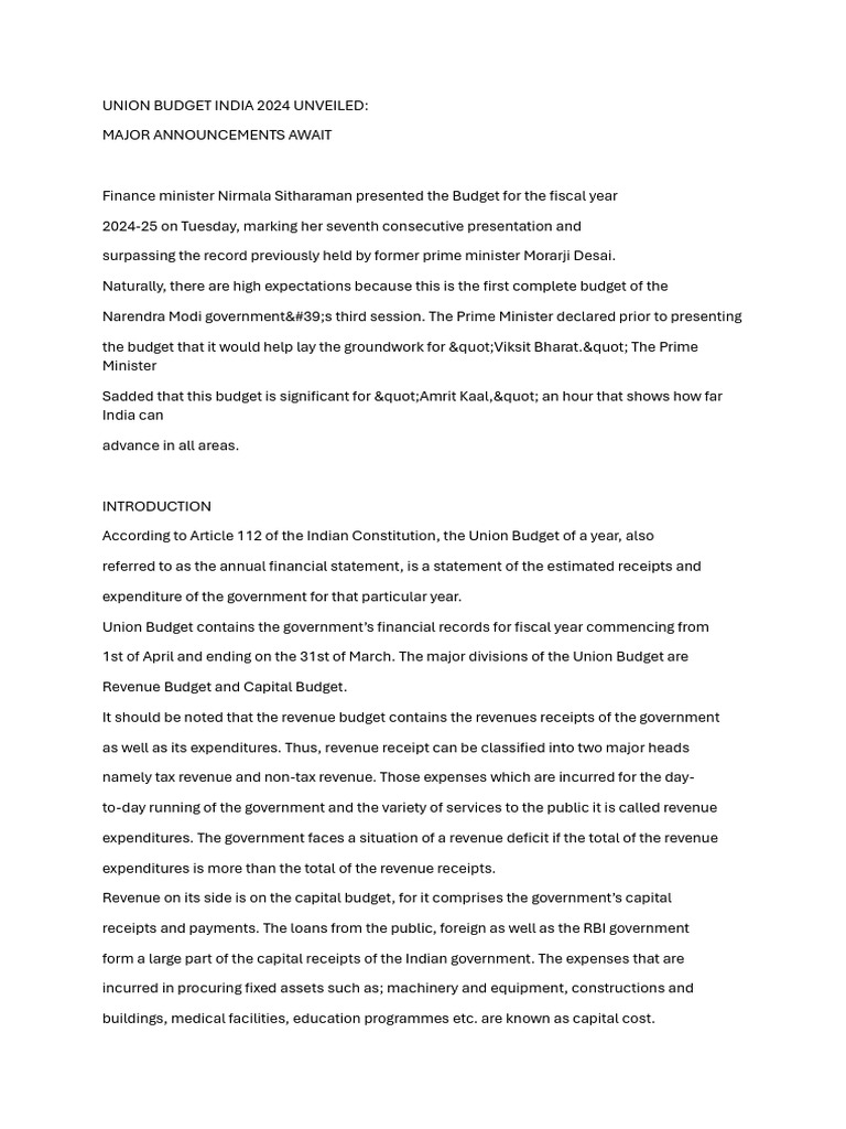 India Union Budget 2024 Highlights | PDF | Economies
